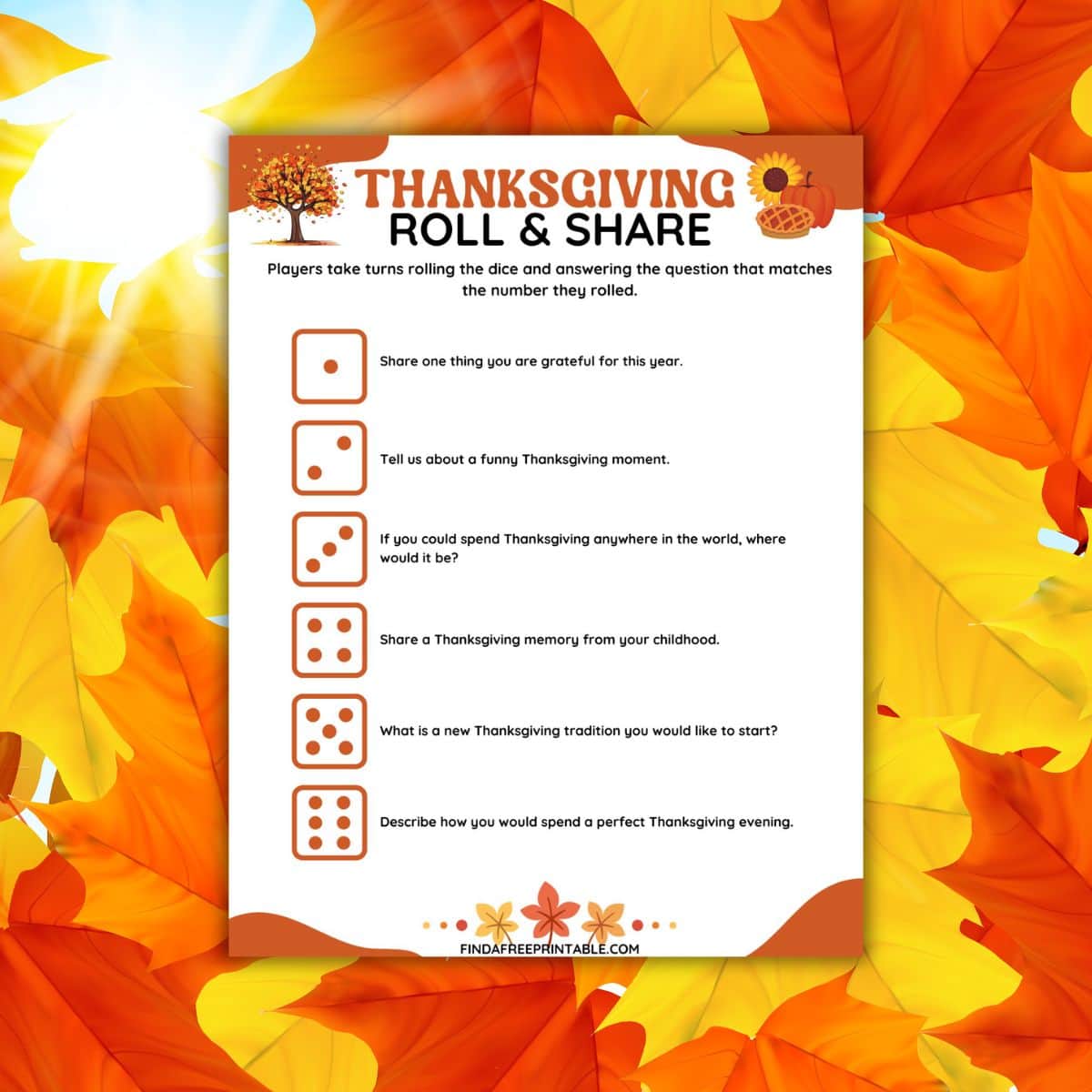 FREE PRINTABLE THANKSGIVING ROLL AND SHARE PARTY GAME - Find a Free ...